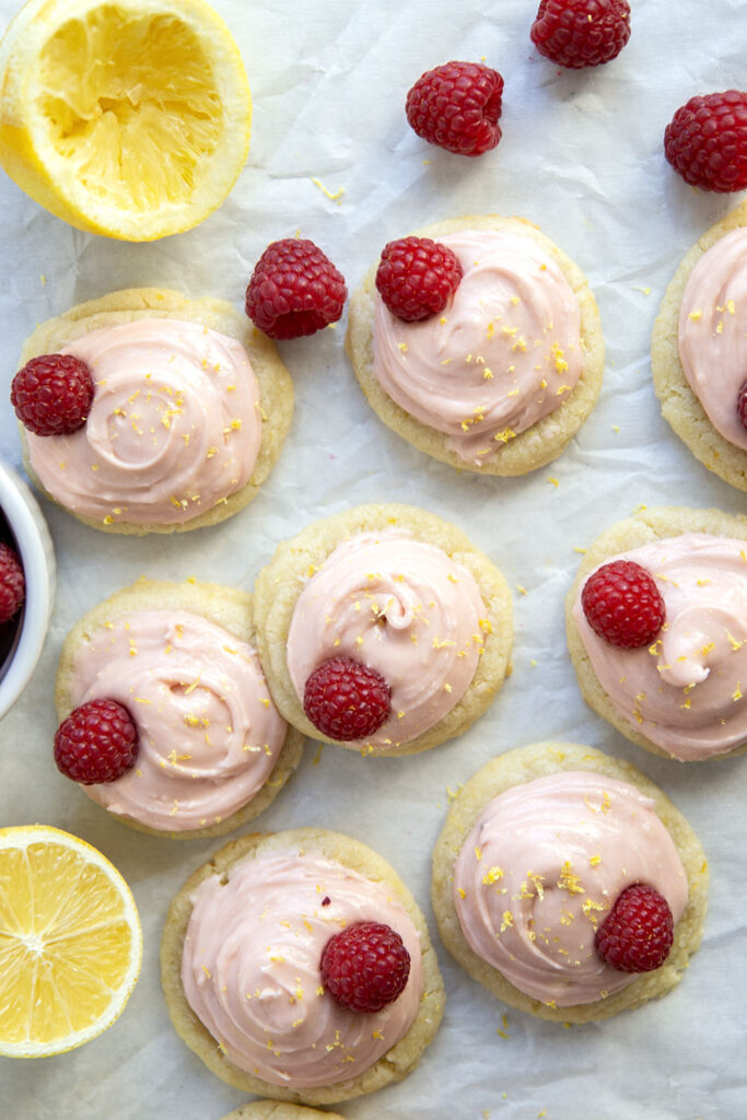 Lemon Shortbread Cookies with Raspberry Cream Cheese Frosting
