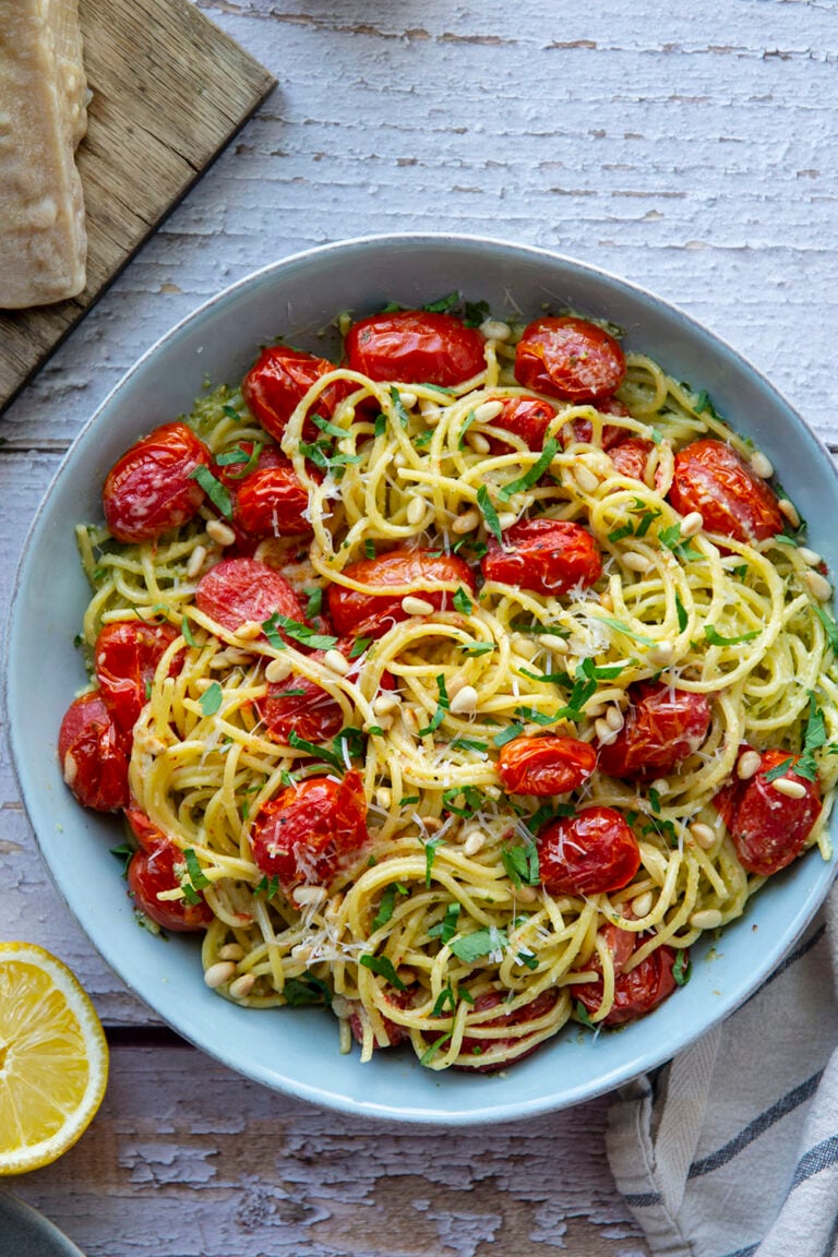 Lemon Basil Pesto Spaghetti with Bursting Tomatoes