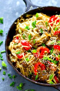 Sesame Lo Mein Noodles with Shiitake Mushrooms + Sweet Peppers