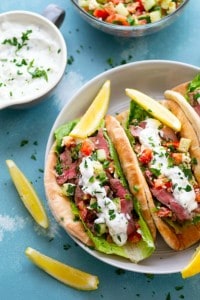Grilled Steak Gyros with Cucumber Feta Salsa and Tzatziki Sauce