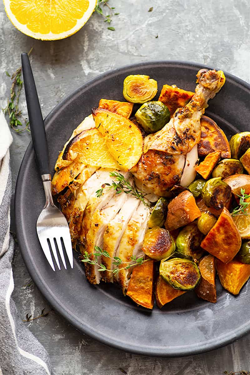 Ginger Orange Roast Chicken with Sweet Potatoes and Brussels Sprouts