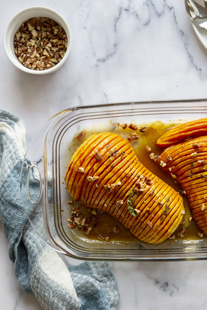 Hasselback Butternut Squash with Maple Browned Butter Sauce