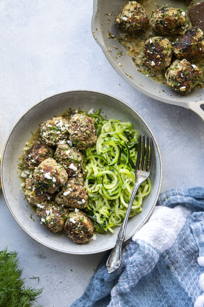 Spinach Feta Chicken Meatballs with Lemon Dill Sauce