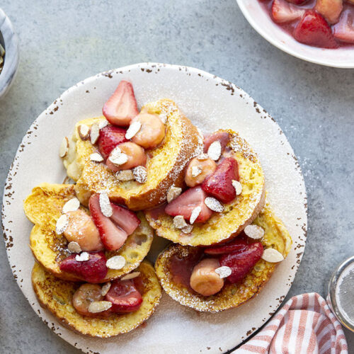Amaretto French Toast with Caramelized Strawberry Banana Sauce