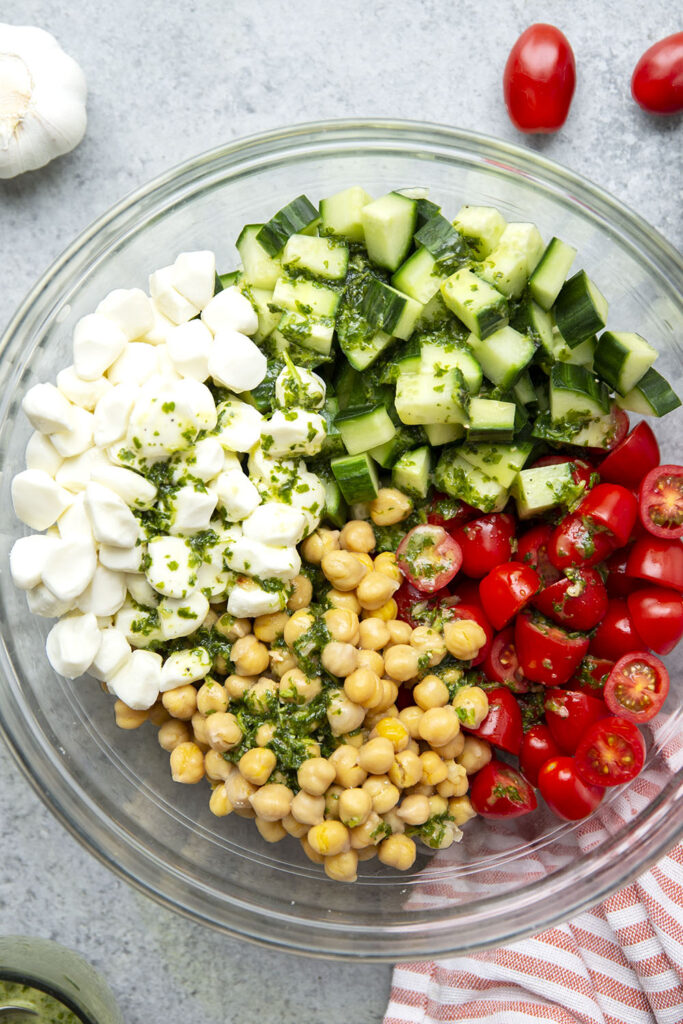 Caprese Chickpea Salad with Roasted Garlic Basil Dressing