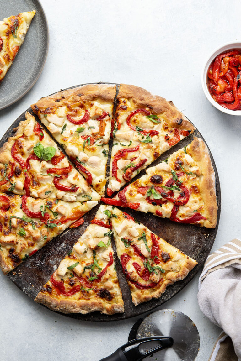 Chicken Alfredo Roasted Red Pepper Pizza