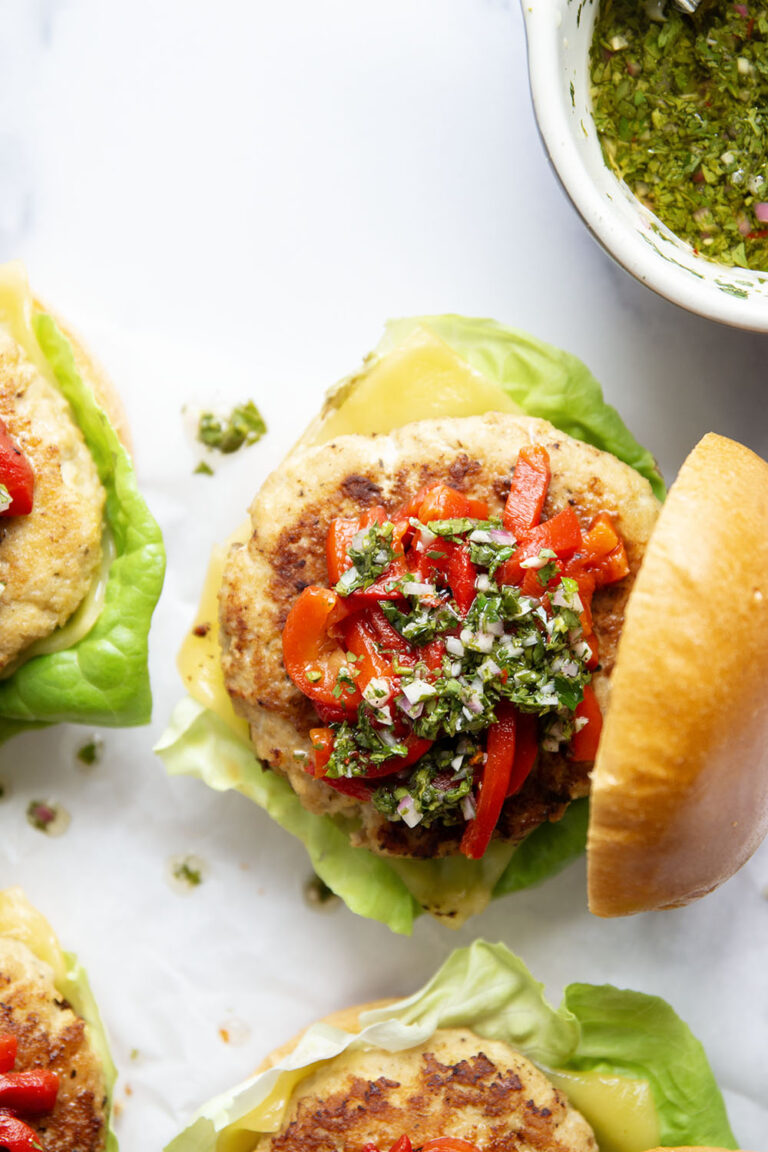 Roasted Red Pepper Cheddar Turkey Burgers with Chimichurri