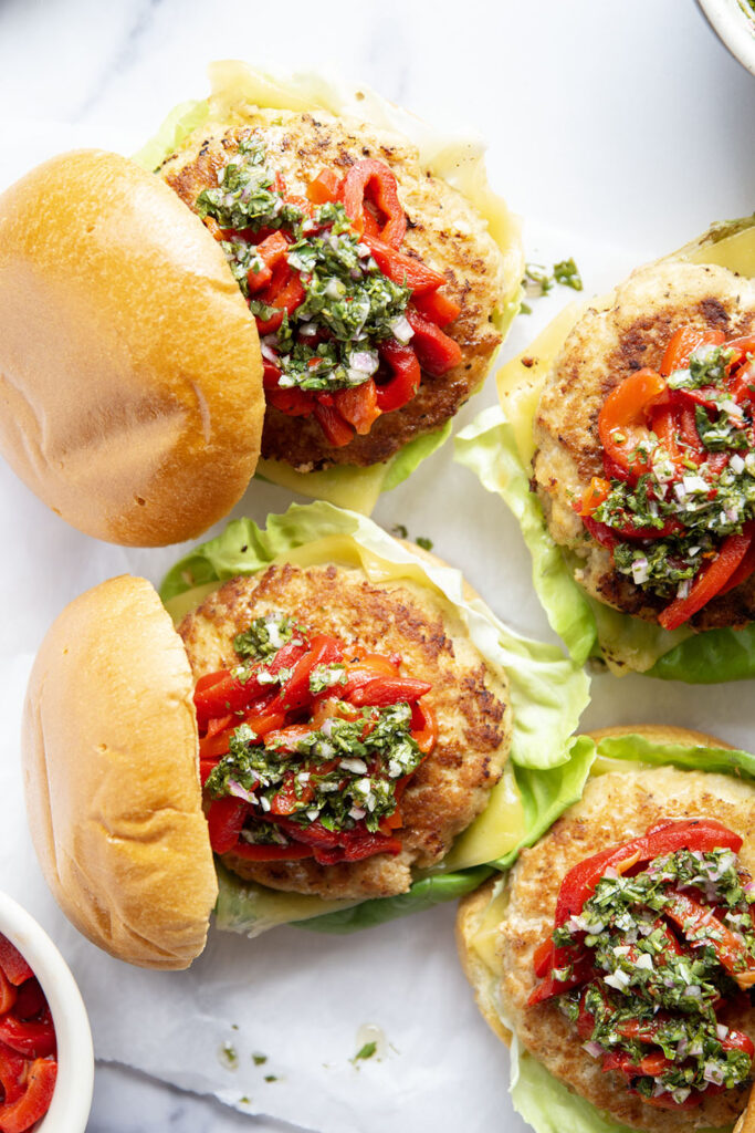 Roasted Red Pepper Cheddar Turkey Burgers with Chimichurri
