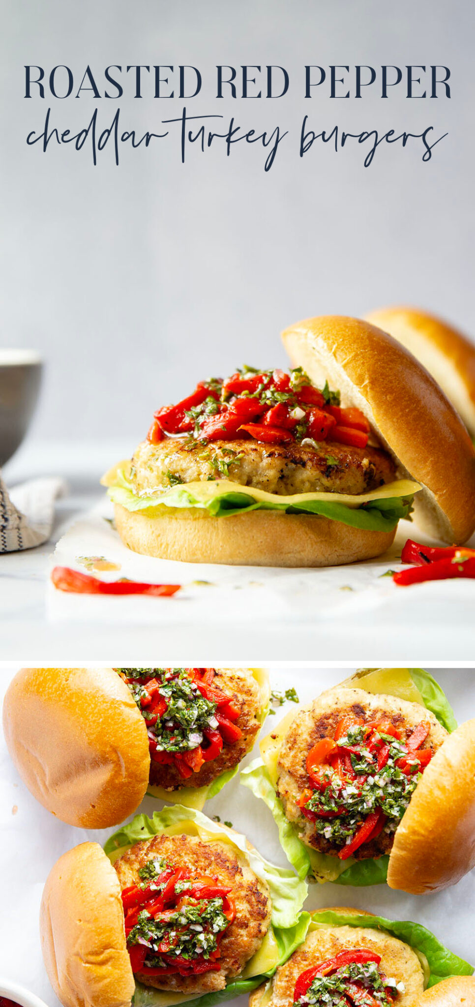 Roasted Red Pepper Cheddar Turkey Burgers with Chimichurri
