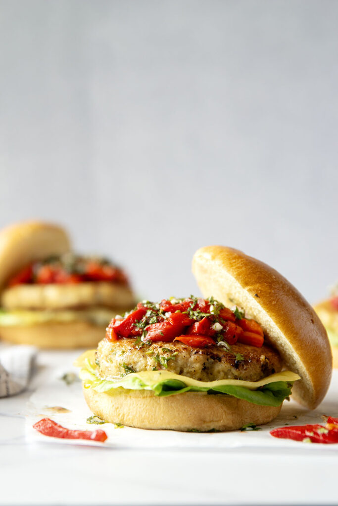 Roasted Red Pepper Cheddar Turkey Burgers with Chimichurri