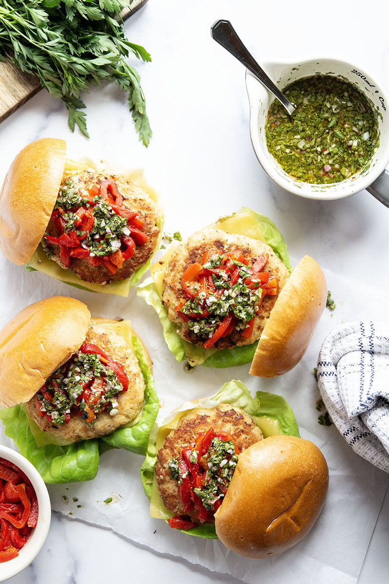 Roasted Red Pepper Cheddar Turkey Burgers with Chimichurri