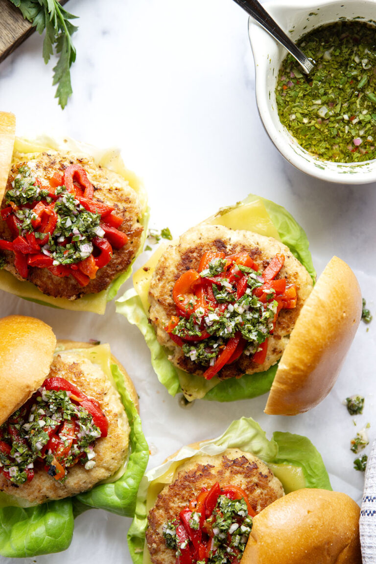 Roasted Red Pepper Cheddar Turkey Burgers with Chimichurri
