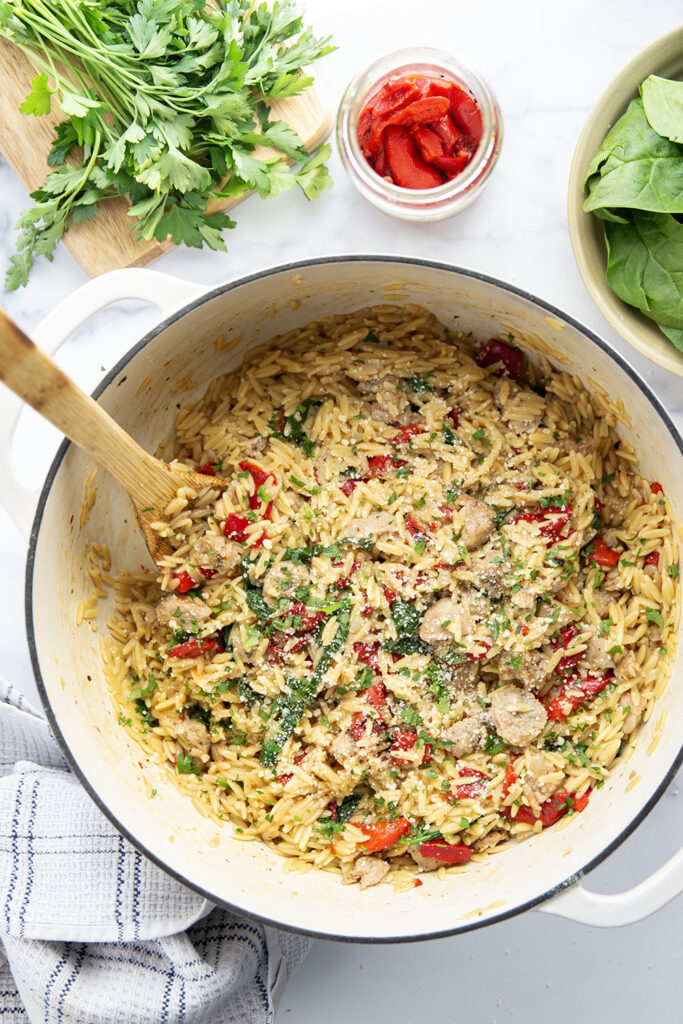 One Pot Chicken Sausage Orzo