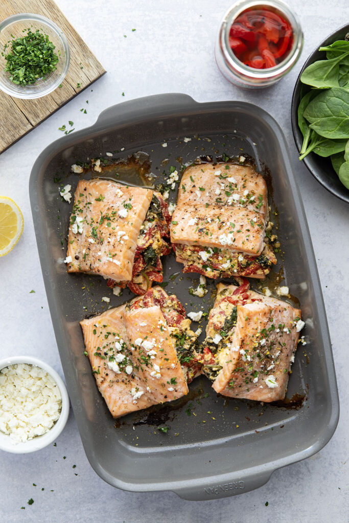 Roasted Red Pepper Feta Stuffed Salmon