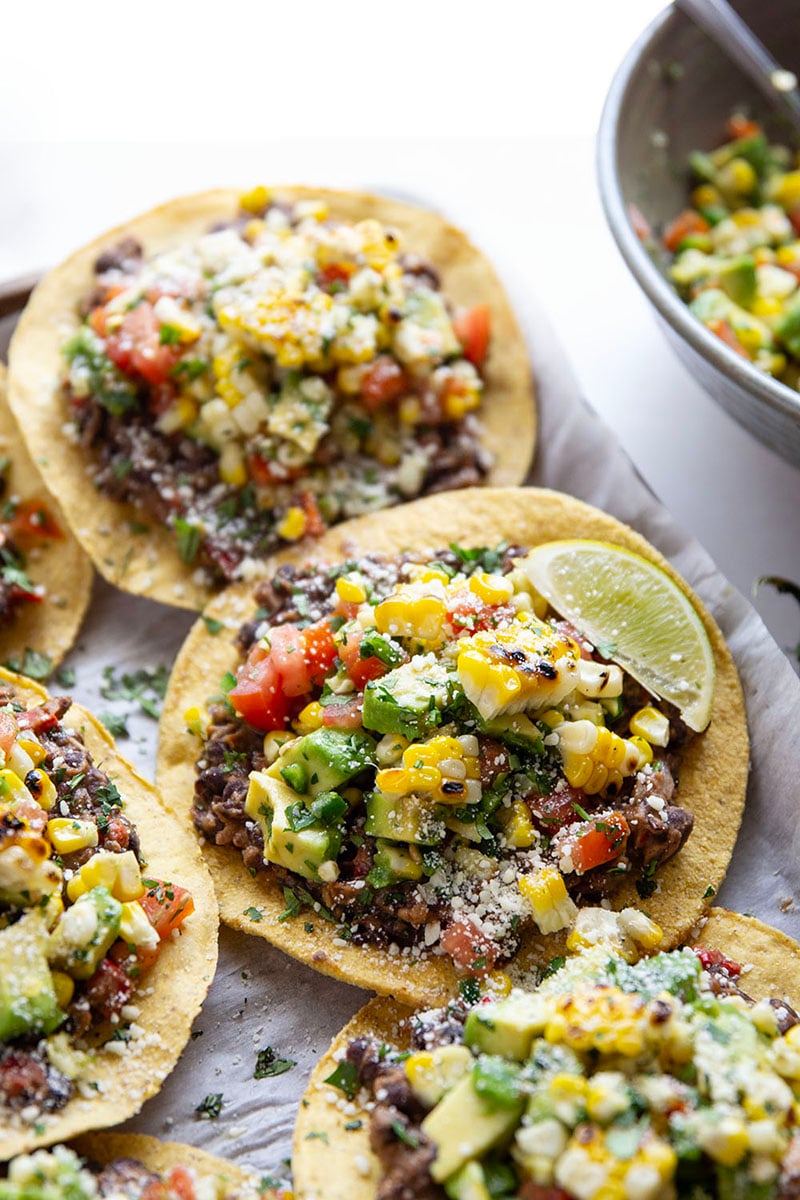 Black Bean Tostadas with Grilled Corn Avocado Salsa