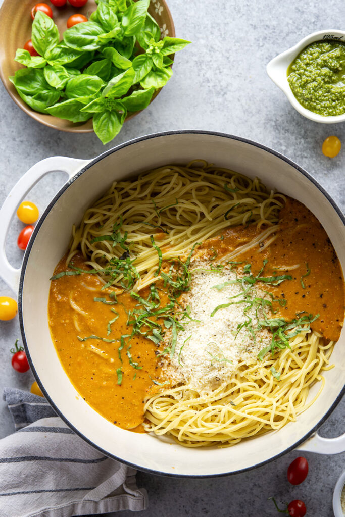 Pesto Roasted Cherry Tomato Pasta - Whole and Heavenly Oven
