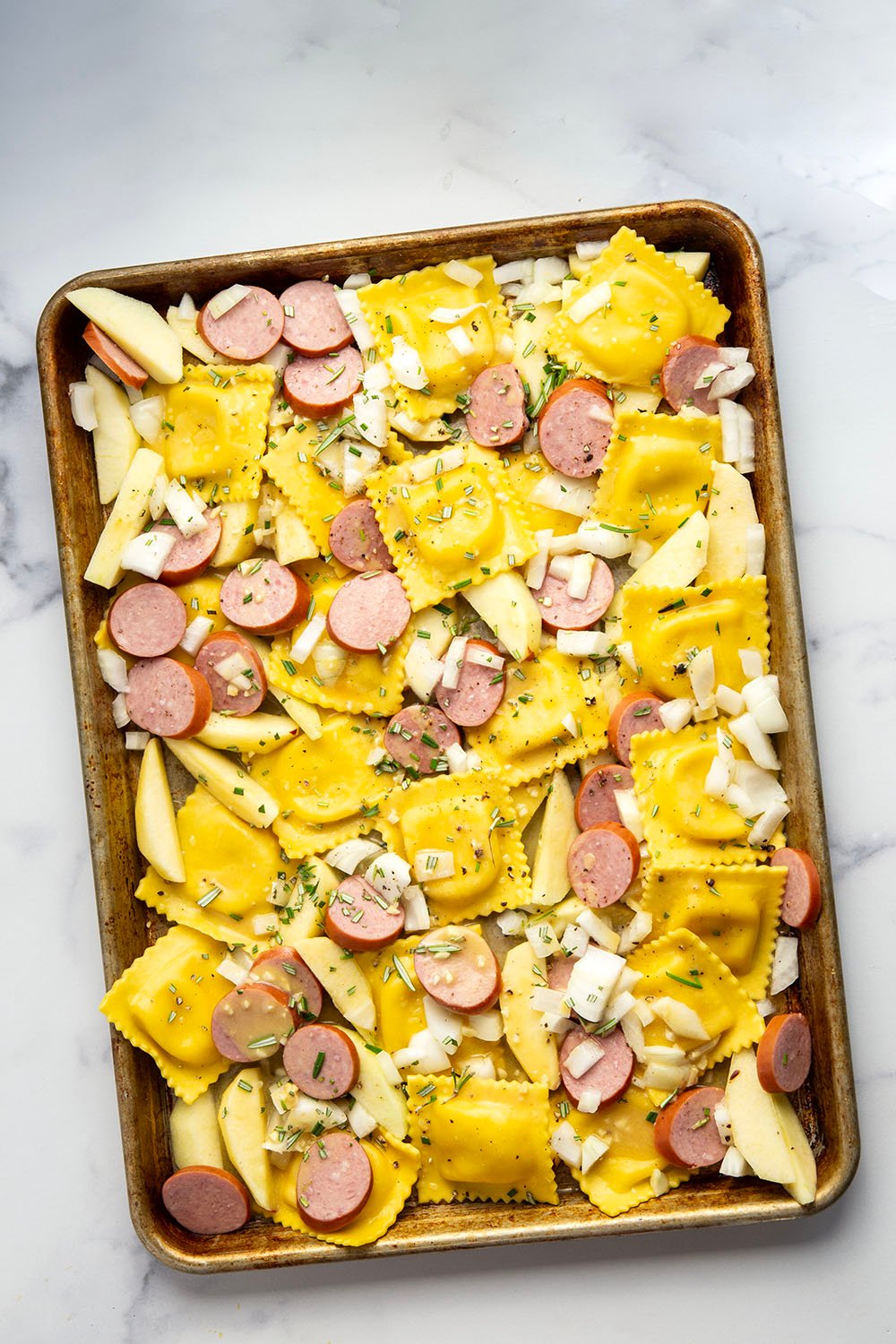 Sheet Pan Ravioli with Sausage and Apples