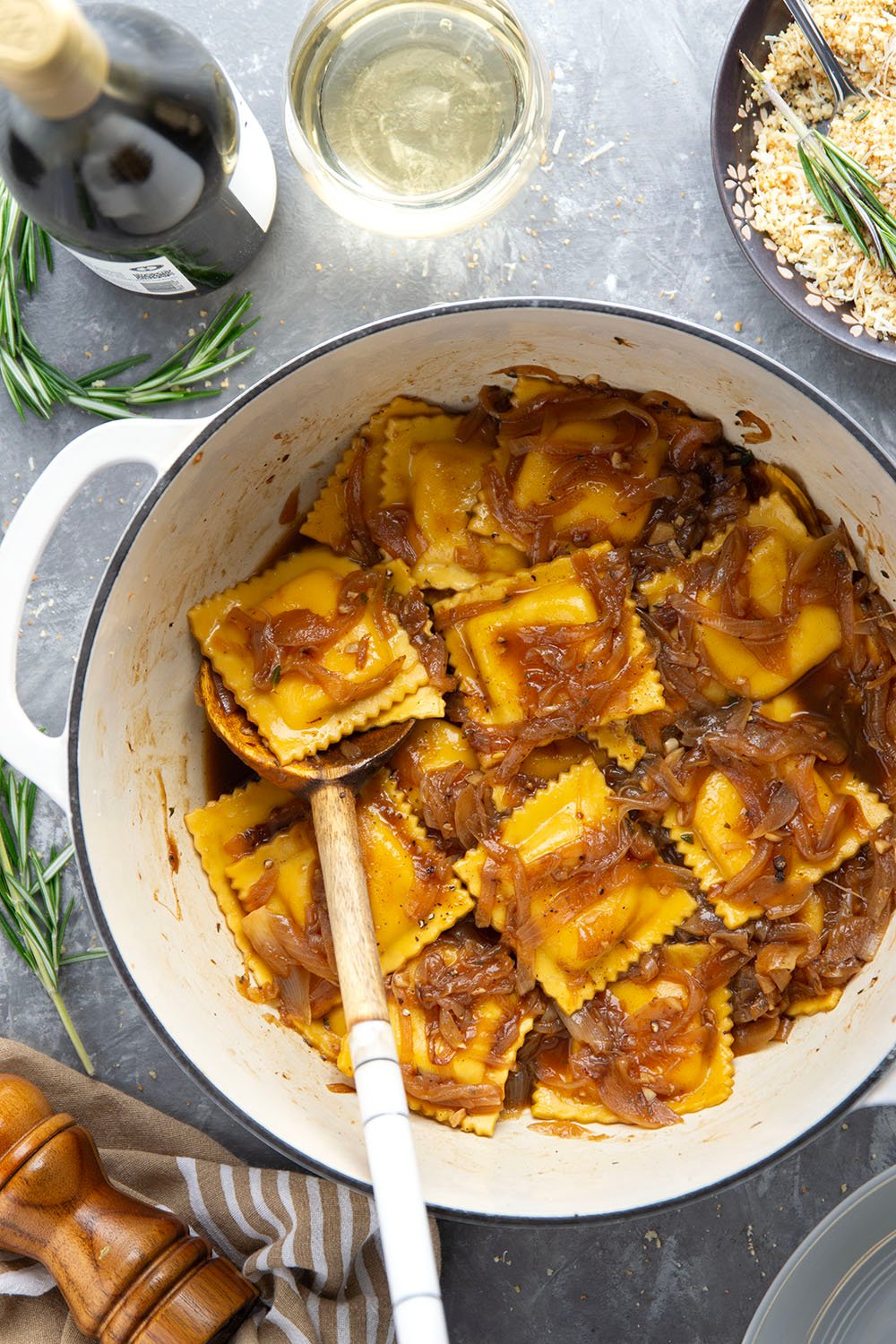 French Onion Ravioli with Asiago Breadcrumbs