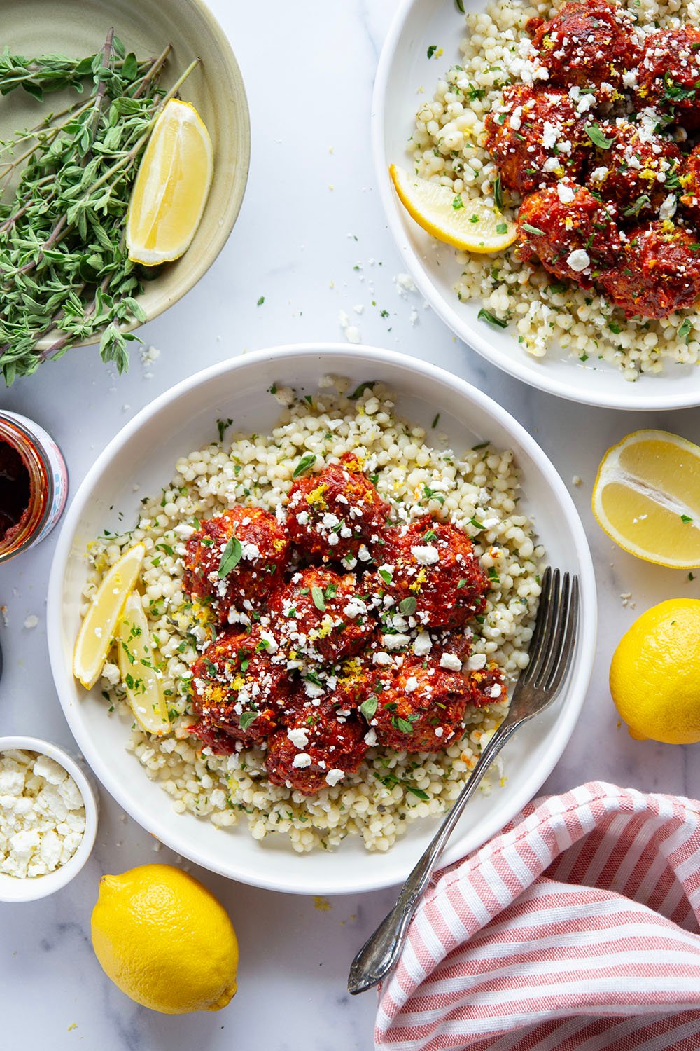 Harissa Chicken Meatballs with Lemon Herb Couscous - Whole and Heavenly ...